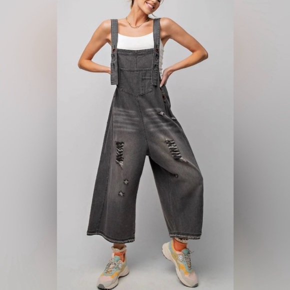 easel | Jeans | Easel Charcoal Distressed Denim Wide Leg Gray Overalls ...